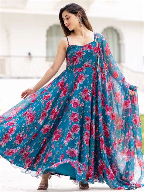 Buy Ambraee Shoulder Straps Floral Printed Anarkali Regular Fit Chiffon
