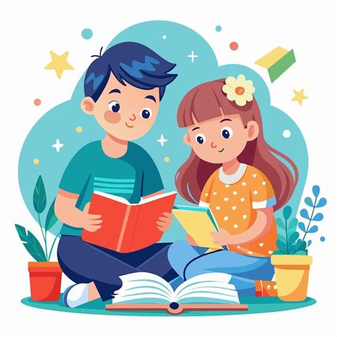 мальчик и девушка читают книгу в саду Премиум векторы