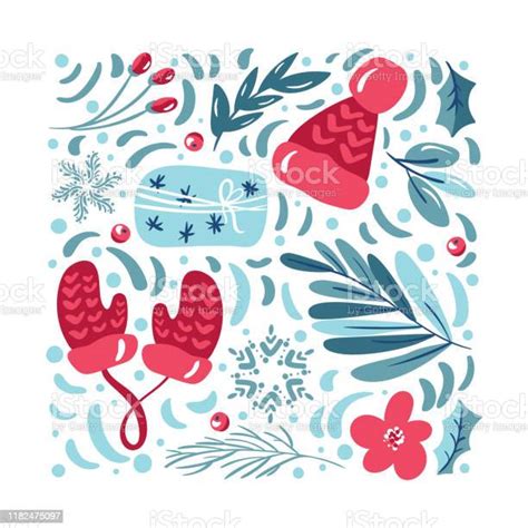 잎 모자 양말 리본 및 기타 항목으로 설정 크리스마스 휴일 장식 아이콘 인사말 카드에 대한 요소 격리 벡터 일러스트 번들 크리스마스에 대한 스톡 벡터 아트 및 기타 이미지