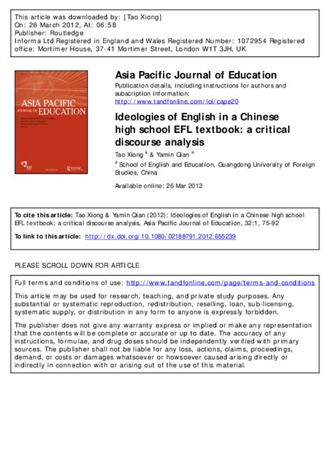 Pdf Ideologies Of English In A Chinese High School Efl Textbook A Critical Discourse Analysis