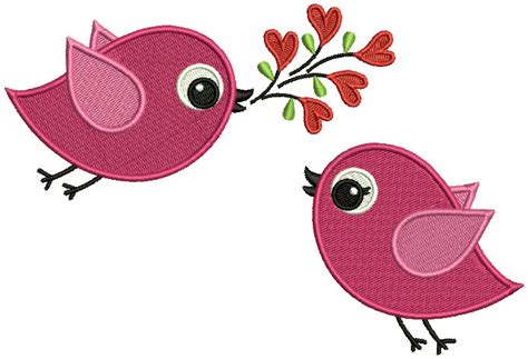 Two Cute Little Birds With A Branch Filled Machine Embroidery Design D