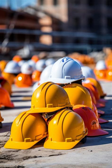 Stack Of Safety Helmets White Blue And Yellow Helmets In Construction Site For Safety Accident