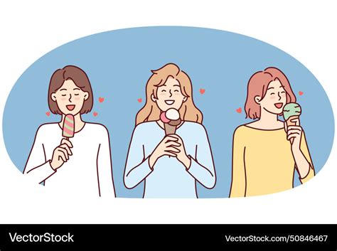 Girls Eat Ice Cream To Cool Down During Summer Vector Image