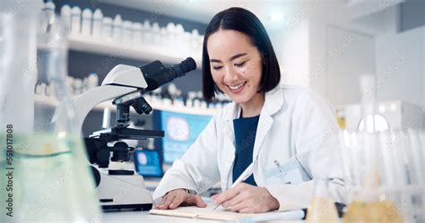 Science Notes And Woman In Laboratory For Data Analysis Research And Test Results With