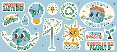 Y2k Groovy Earth Day Cartoon Sticket Set Environmental Protection