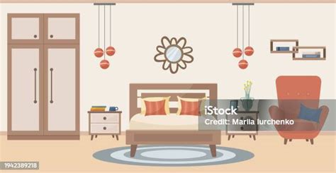 아늑한 침실 침실 인테리어 침대 부드러운 의자 카펫 화분 옷장 침대 위의 거울 인테리어 컨셉 벡터 평면 그림입니다 0명에 대한