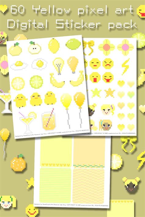 60 Yellow Pixel Art Digital Sticker Pack Cute Pixel Art Sticker Pack