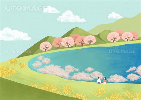 풍경호수에서 산책하고 있는 커플 일러스트 유토이미지 상세페이지 베이직샵 일러스트 22074778