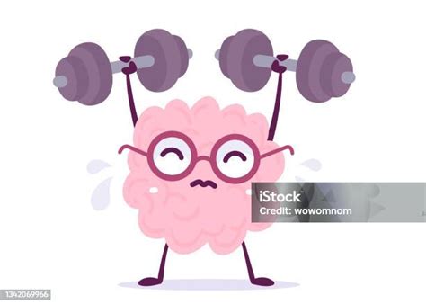 흰색 배경에 노력과 함께 무게를 리프팅 안경에 강한 분홍색 인간의 뇌 캐릭터의 벡터 창조적 인 그림 땀을 흘리는 감성 두뇌의