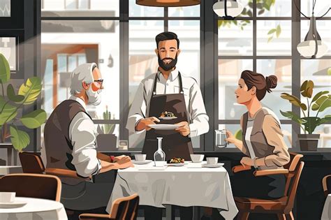 O garçom serve educadamente o casal no restaurante Foto Premium