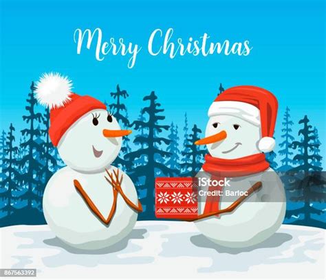 친절 한 눈사람 산타 모자에 Snowwoman입니다 선물 상자와 서리가 내린 미소 숲 실루엣으로 겨울 풍경입니다 개념에 대한