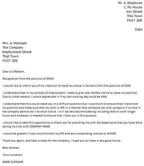 Shorter Notice Period Resignation Letter Example Uk