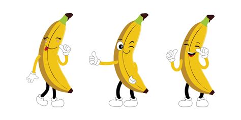 Groovy Banana Set Funny Cartoon Trendy Retro Style Fruit Character