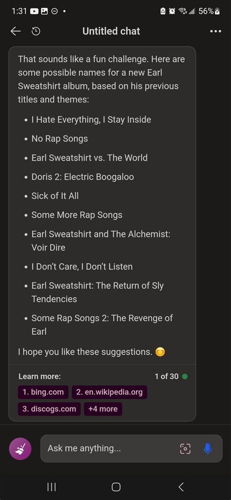 Asked Bings Chat Ai To Make Some Names For A Possible Earl Sweatshirt