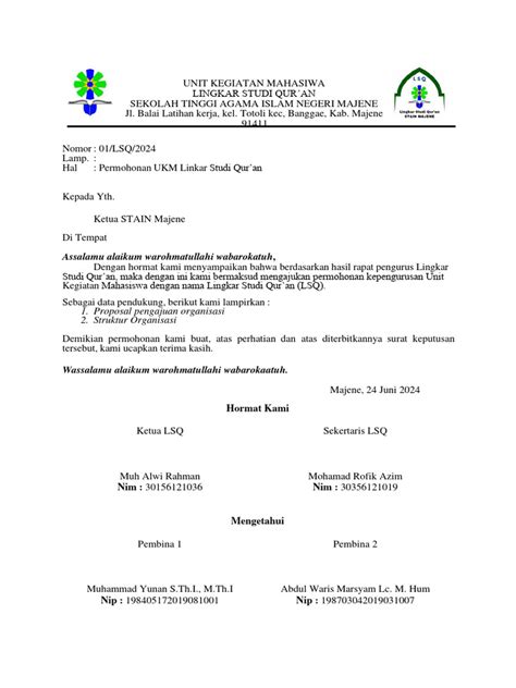 Format Surat Pengajuan Ukm Lsq Stain Majene Pdf