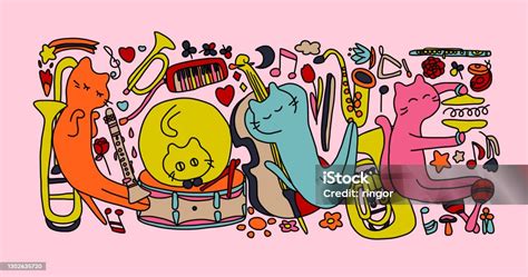 다양한 악기와 음악 같은 고양이 Love의 캐릭터를 만드는 다채로운 고양이의 그림 Classical Concert에 대한 스톡
