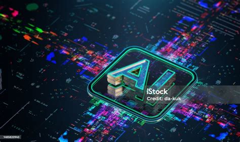 미래형 Pcb의 강력한 Ai 프로세서 미래를 내다본다 미래 지향적인 Ai 아이콘 처리 데이터 내부에서 흐르는 빛나는 데이터 전송 3d 렌더링 인공지능에 대한 스톡 사진 및