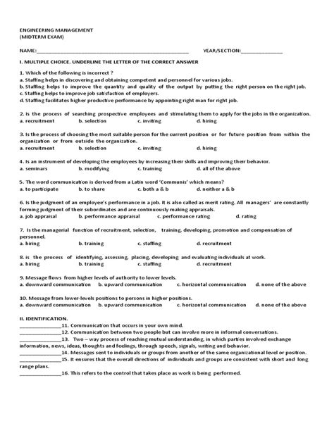 Engineering Management Midterm Exam Download Free Pdf Communication