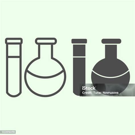 화학 물질 라인 및 솔리드 아이콘 실험실 플라스크 및 액체와 테스트 튜브 흰색 배경에 스타일 그림을 윤곽 모바일 개념 및 웹 디자인에 대한 과학 연구 표지판 벡터 그래픽