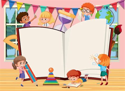 Livro Aberto Vazio Com Desenho De Crianças Em Idade Escolar Vetor Premium