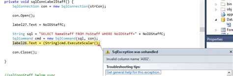 Sqlexception Unhandled On C When Trying To Call A Certain Column On