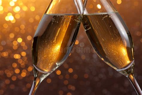 Detail Of Champagne Flutes With Golden Bubbles On Dark Golden Light