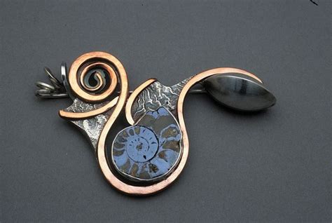 Sterling Silver And Copper Fibula Pin With Ammonite Fossil
