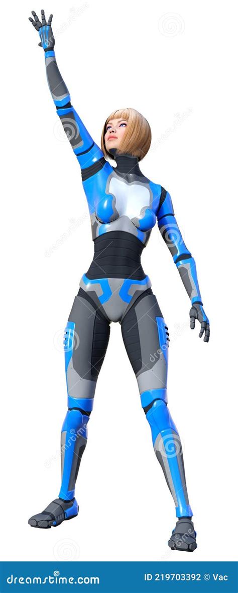 3d Rendering Of Female Robot Standing Three Different Angles Stock