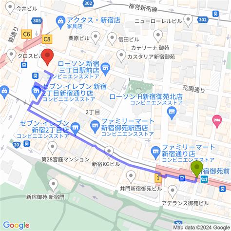 新宿御苑前駅から新宿live Freakへのルートマップ Mdata