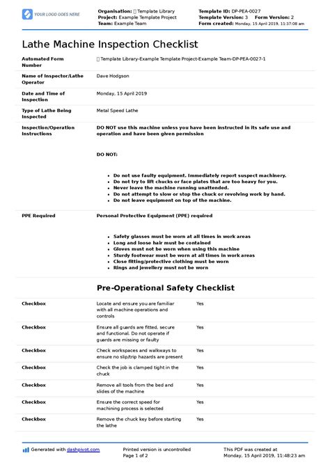 Lathe Machine Inspection Checklist Free And Customisable