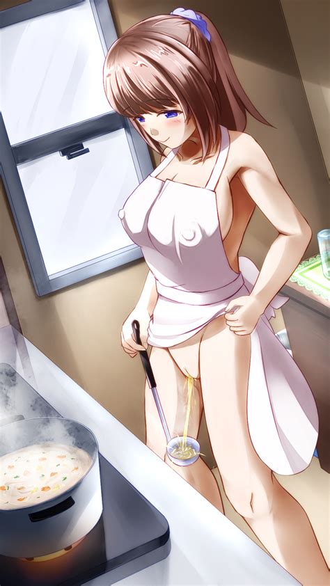 Highres 1girl Apron Blue Eyes Blush Brown Hair Cleft Of Venus Cooking Covered Erect