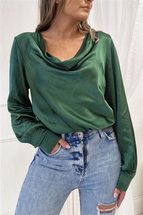 Pamela Satin Long Sleeve Top Green