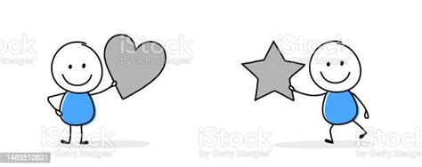 하트와 별표를 들고 있는 행복한 스틱맨의 컬렉션 비즈니스 프리젠 테이션에 대 한 만화 스타일 아이콘입니다 벡터 그림 개념에 대한