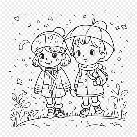 겨울 색칠 공부 개요 스케치 드로잉에 두 어린 소녀 벡터선 그리기머리 Png 일러스트 무료 다운로드 Lovepik