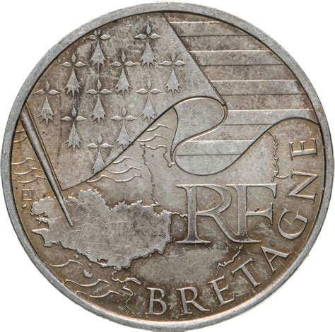 Монета Франция 10 евро 2010 Регионы Франции Бретань стоимостью 2800 руб