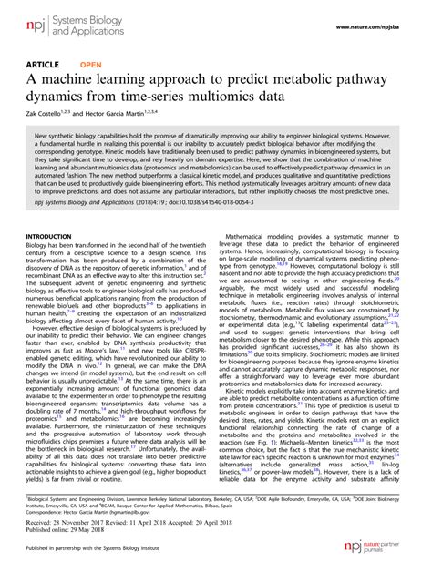 Pdf A Machine Learning Approach To Predict Metabolic Pathway Dynamics From Time Series