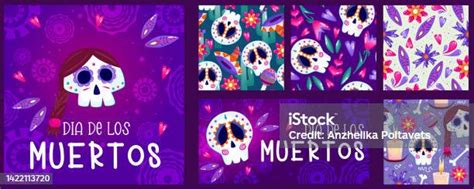 Muertos 포스터 세트 보라색 배경에 두개골로 죽은 날 할로윈 의상 만화 벡터 일러스트레이션 홀리데이 뮤에르토스 배경 멕시코 카트리나 골격 이음새가 없는 패턴 만성절에