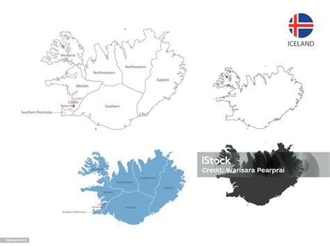 아이슬란드지도 벡터 일러스트 레이 션의 4 스타일은 모든 지방을 가지고 아이슬란드의 수도를 표시합니다 얇은 검은 윤곽선 단순 스타일과 어두운 그림자 스타일 흰색 배경에