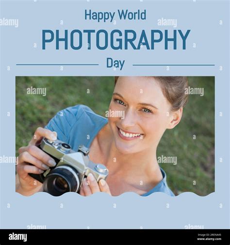 Happy World Photography Day Text On Blue With Happy Caucasian Woman Holding Camera Outdoors