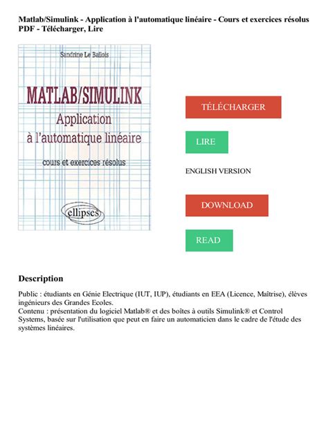 Matlabsimulink Application À Lautomatique Linéaire Cours Et