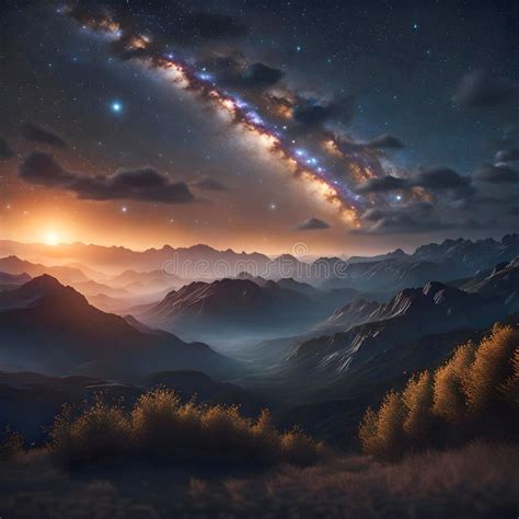 Dark Night Starry Sky With The Milky Way Night Landscape Stock