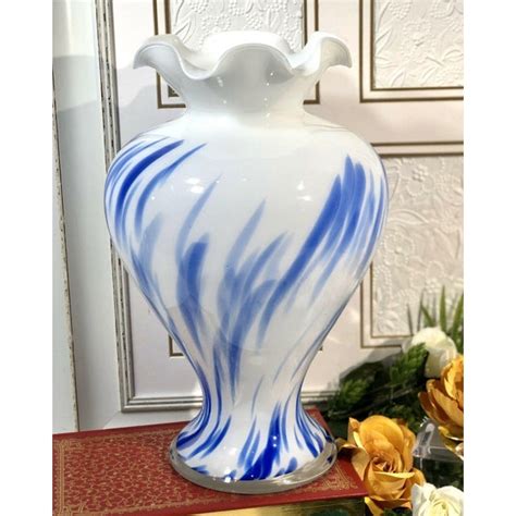 Hand Blown Glass Vase Italian Murano Blue And White Lavorazione Arte