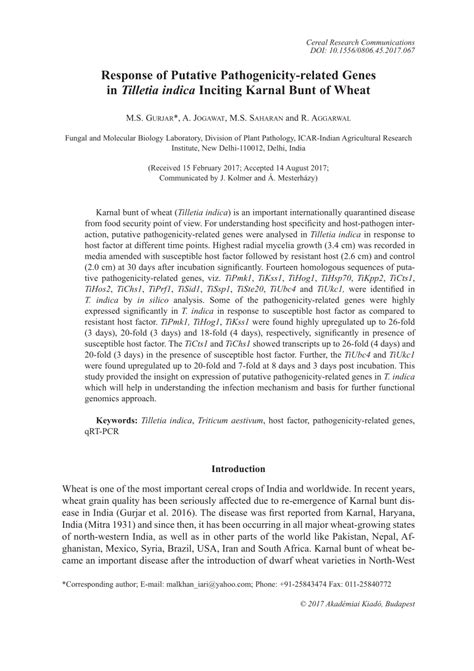 Pdf Response Of Putative Pathogenicity Related Genes In Tilletia Indica Inciting Karnal Bunt