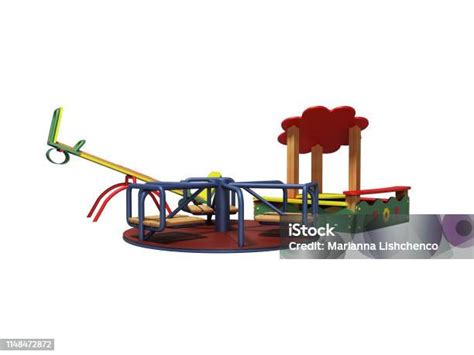 샌드 박스와 두 개의 스윙을 가진 아이 들을 위한 현대 놀이터 3d 흰색 배경에 렌더링 그림자 없음 0명에 대한 스톡 사진 및 기타 이미지 Istock