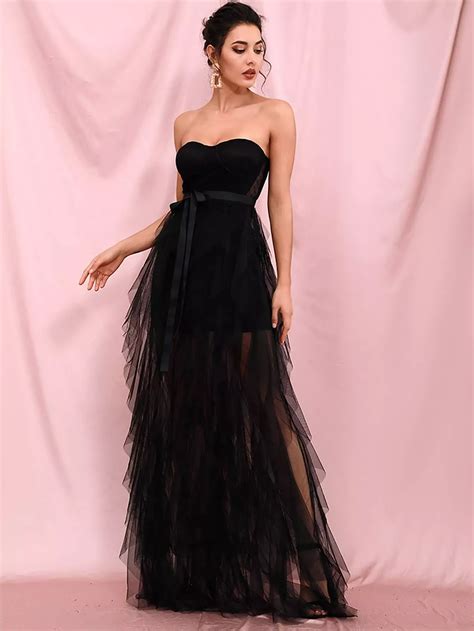 Loveandlemonade Robe De Bal Bustier En Tulle à Volants Robe Maxi Robe