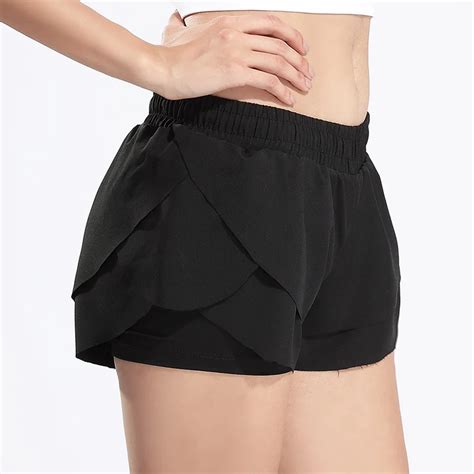 Besgo Females Elastic Waistband Double Layer Solid Breathable Yoga Shorts Running Soft Gym