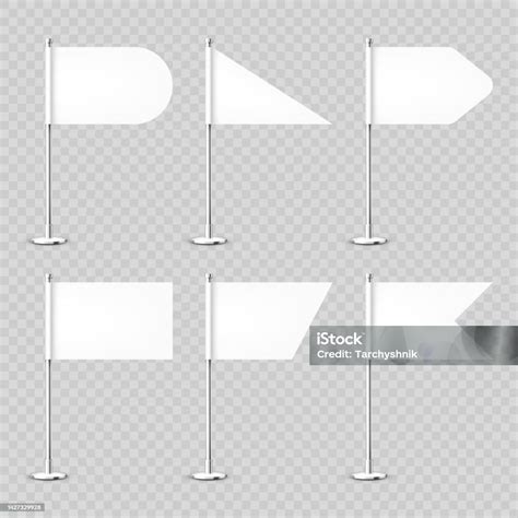 크롬 강철 기둥에 현실적인 다양한 테이블 플래그 종이 나 직물로 만든 빈 흰색 책상 플래그 반짝이는 금속 스탠드 프로모션 및 광고에 대한 모형 벡터 일러스트레이션 0명에