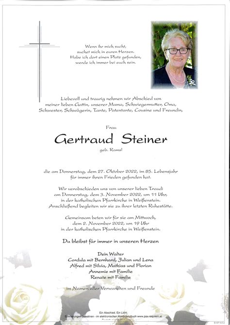 Gertraud Steiner Geb Ramsl Kerze Anzünden Und Kondolieren Das Neue Pax Requiem