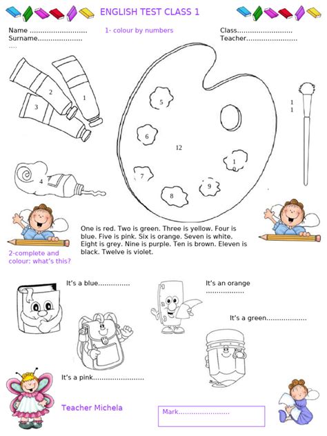 English Test Class 1 Colours Numbers School Object Test Pdf