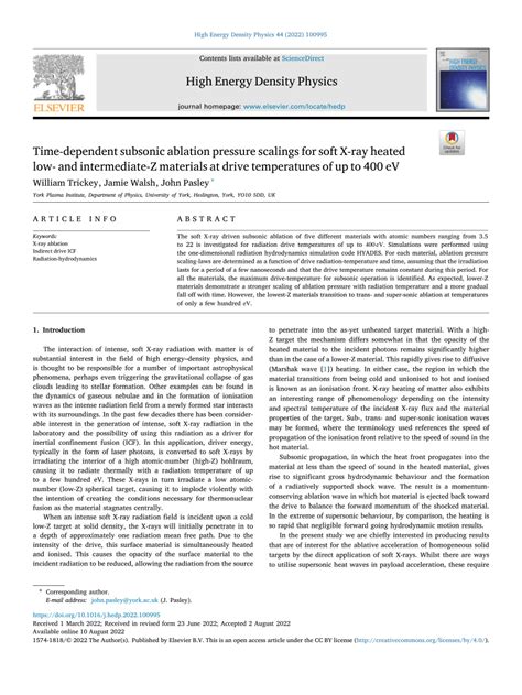 Pdf Time Dependent Subsonic Ablation Pressure Scalings For Soft X Ray Heated Low And